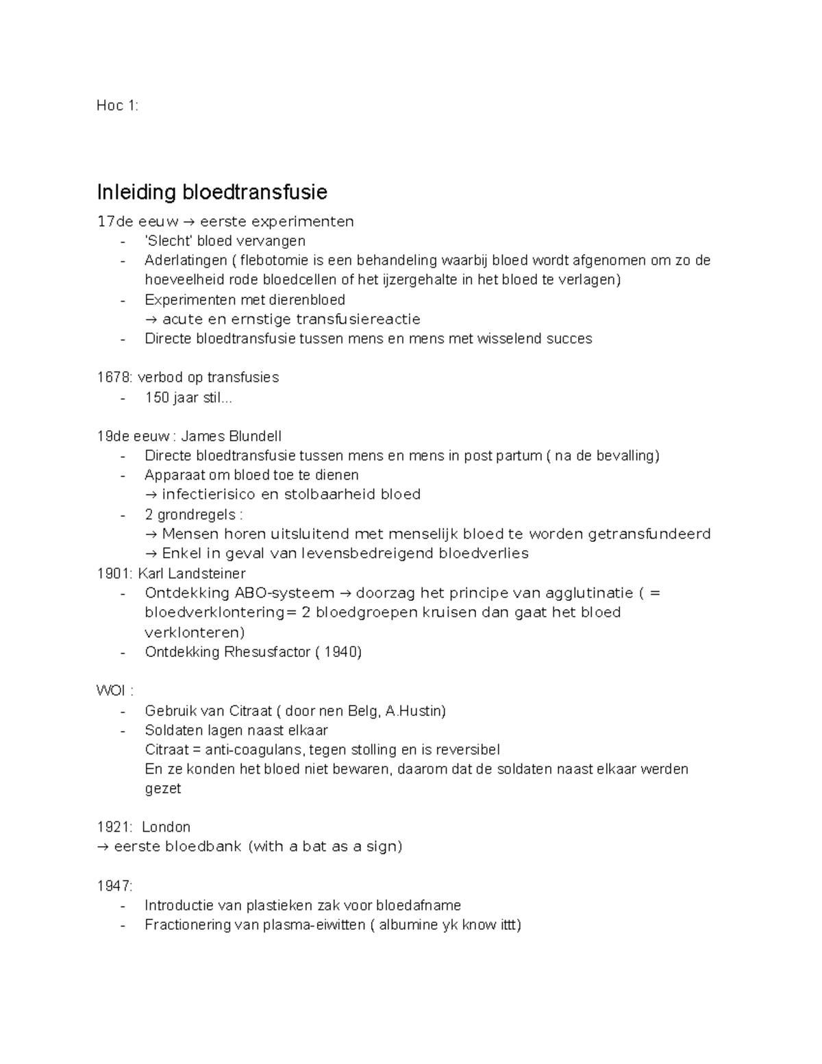 Transfusie - samenvatting van de powerpoints - Hoc 1: Inleiding ...