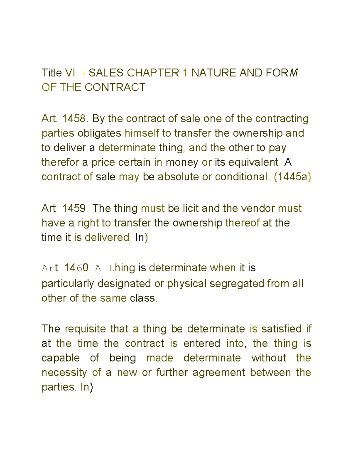 Law of Sales Robles - Title VI. - SALES CHAPTER 1 NATURE AND FORM OF ...