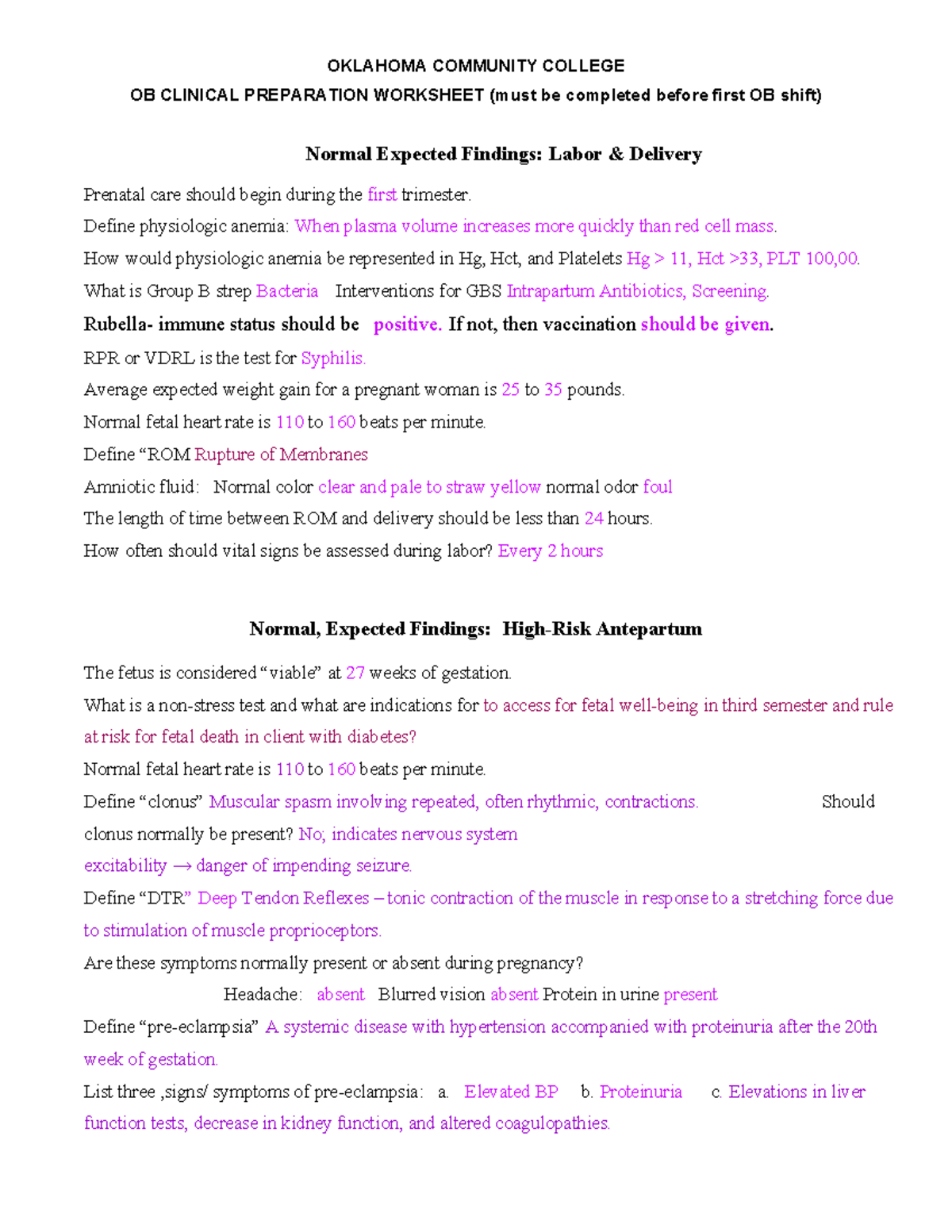 Expected finding for OB final - OB CLINICAL PREPARATION WORKSHEET (must ...