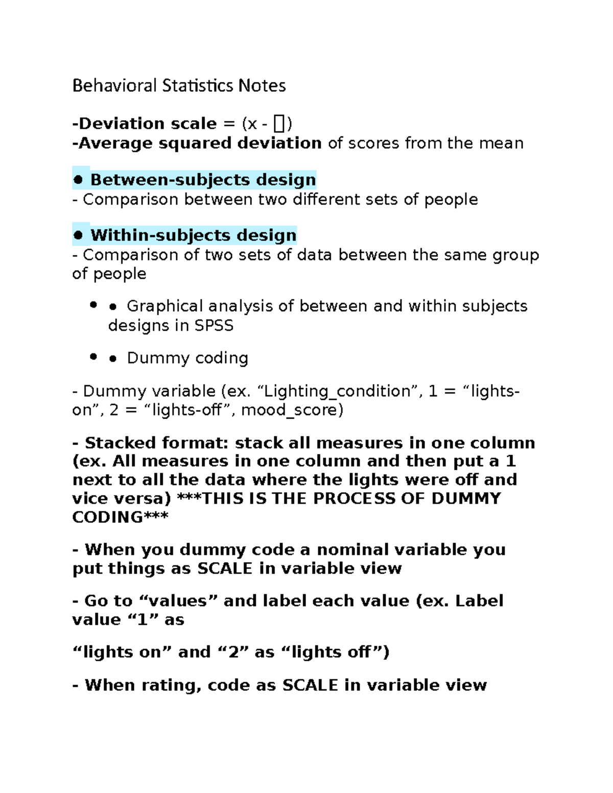 Behavioral Statistics Notes 4 - Behavioral Statistics Notes -Deviation ...