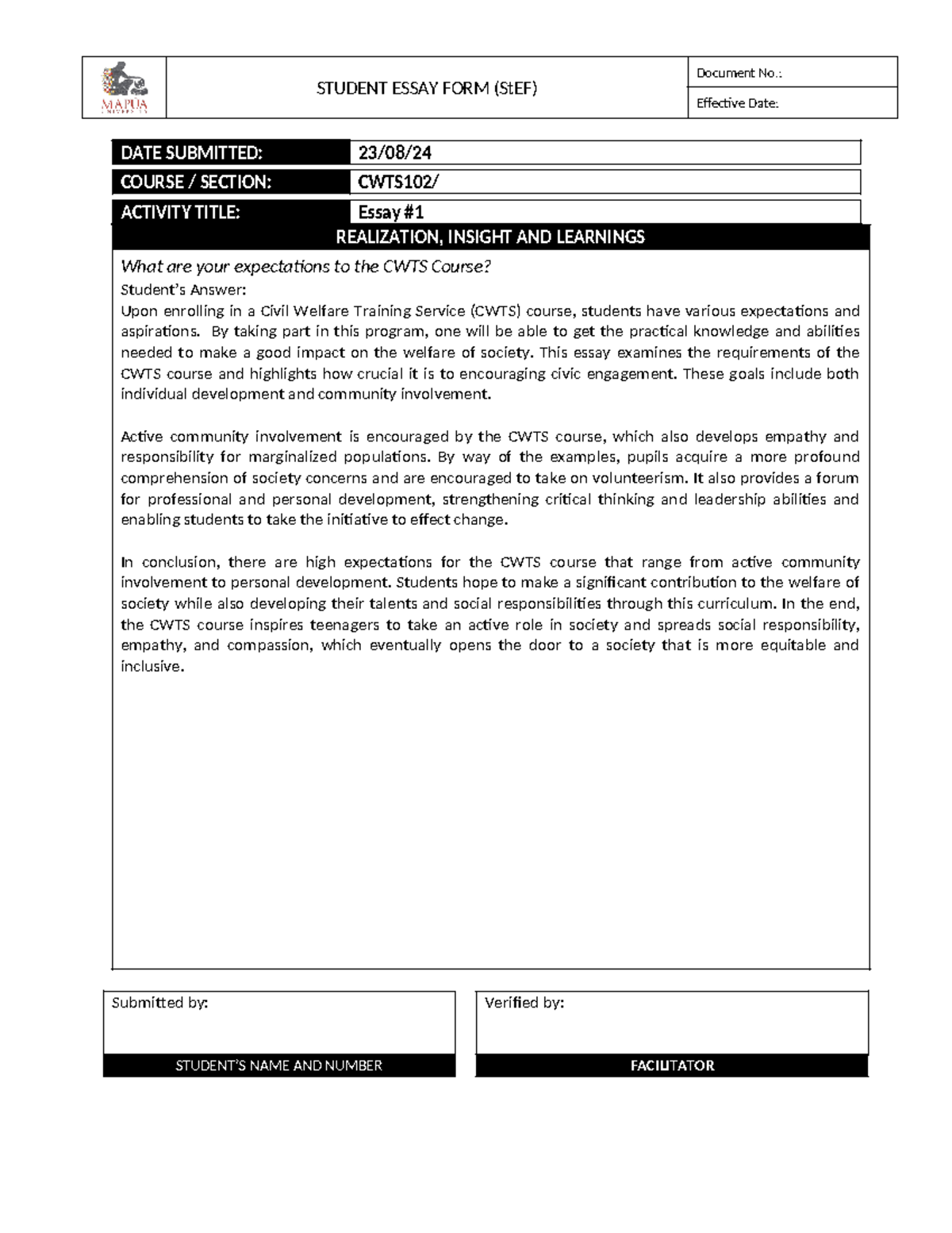 Form - CWTS102 Essay #1 - STUDENT ESSAY FORM (StEF) Document No ...