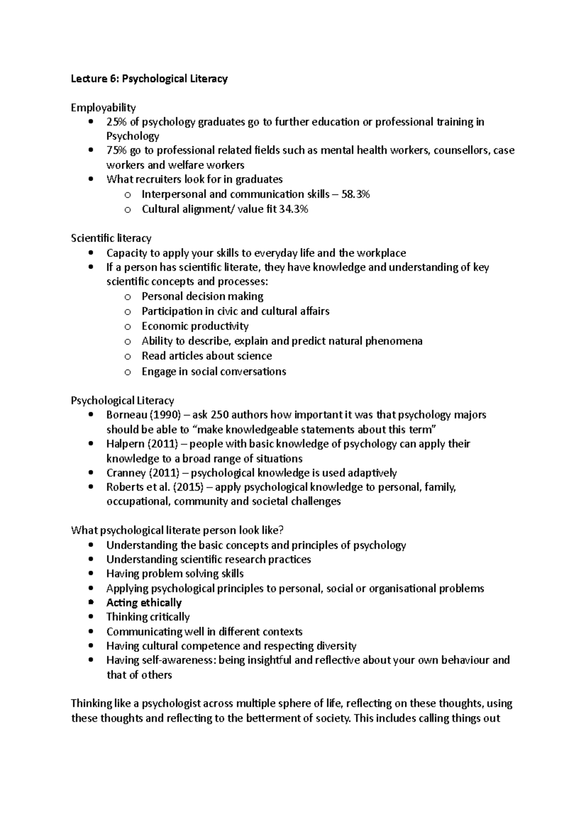 Lecture 6 psyu3399 - Psychological Literacy - Lecture 6: Psychological ...