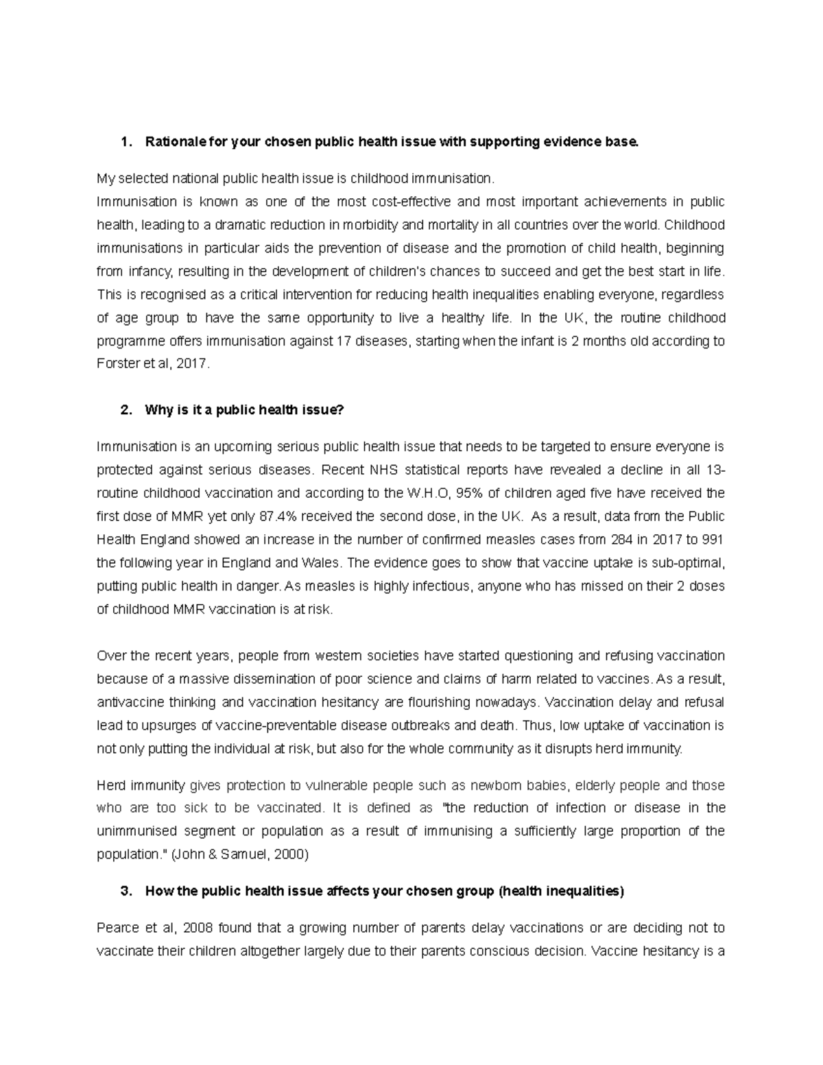 Public Health Immuninisations - 1. Rationale for your chosen public ...