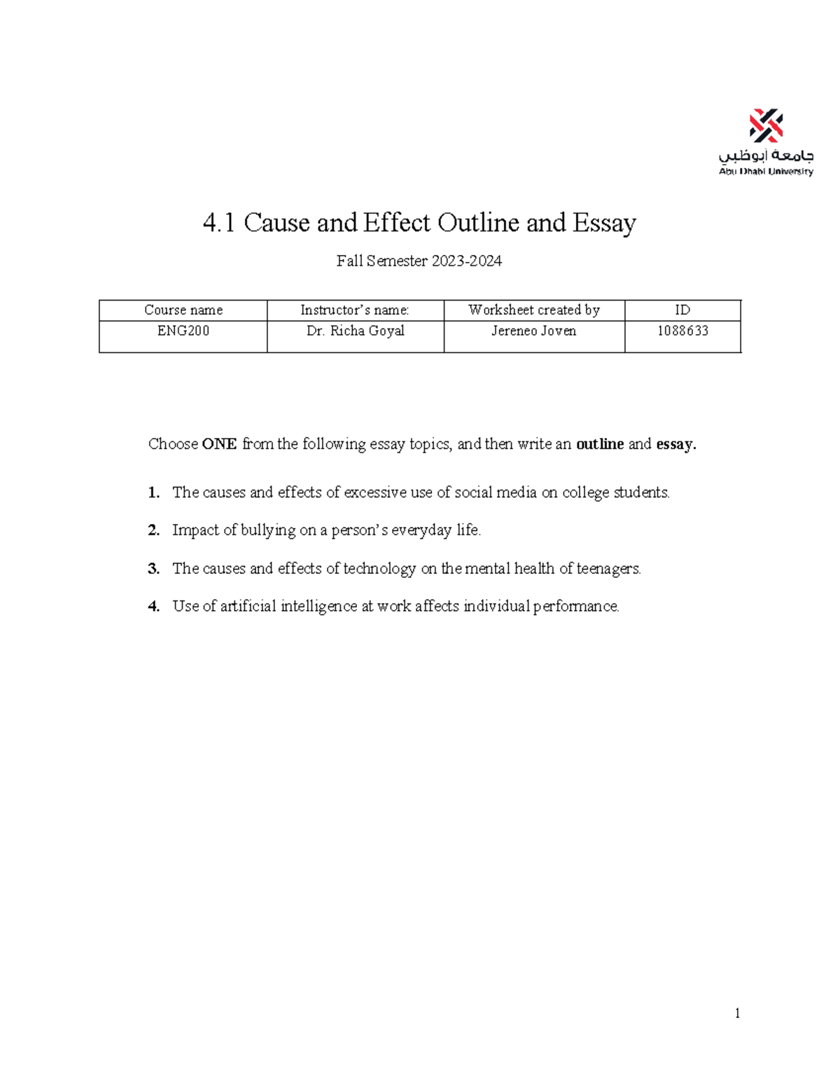 ENG200 - Cause and Effect Outline and Essay 2 (E) - 4 Cause and Effect ...