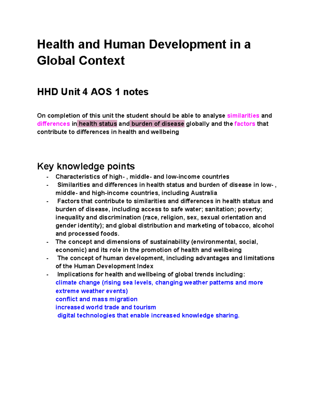 HHD U4 AOS1 Study Notes on Global Health Factors and Trends - Health ...