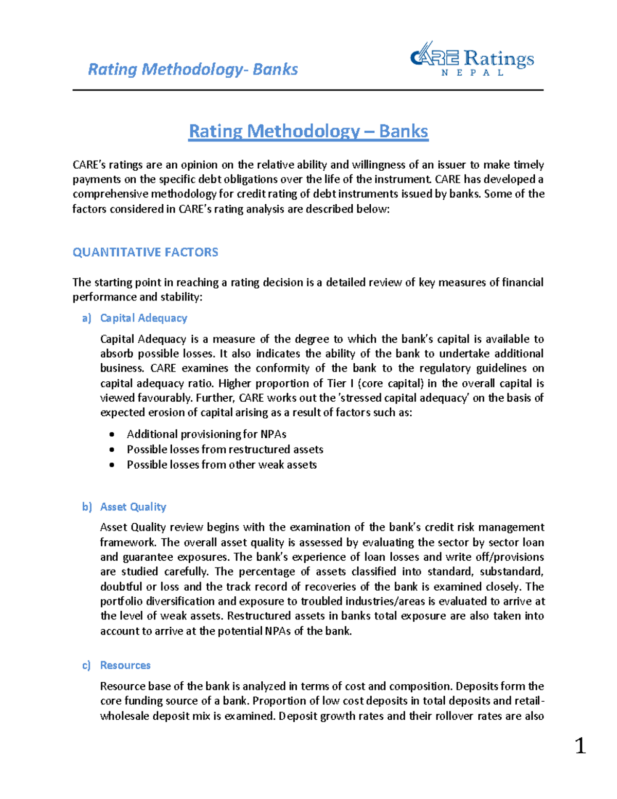 Rating-Methodology-Banks - Rating Methodology – Banks CARE's ratings ...
