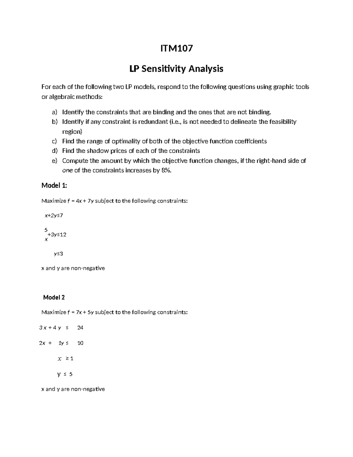 Tutorial 6 - ITM 107 practice - ITM LP Sensitivity Analysis For each of ...
