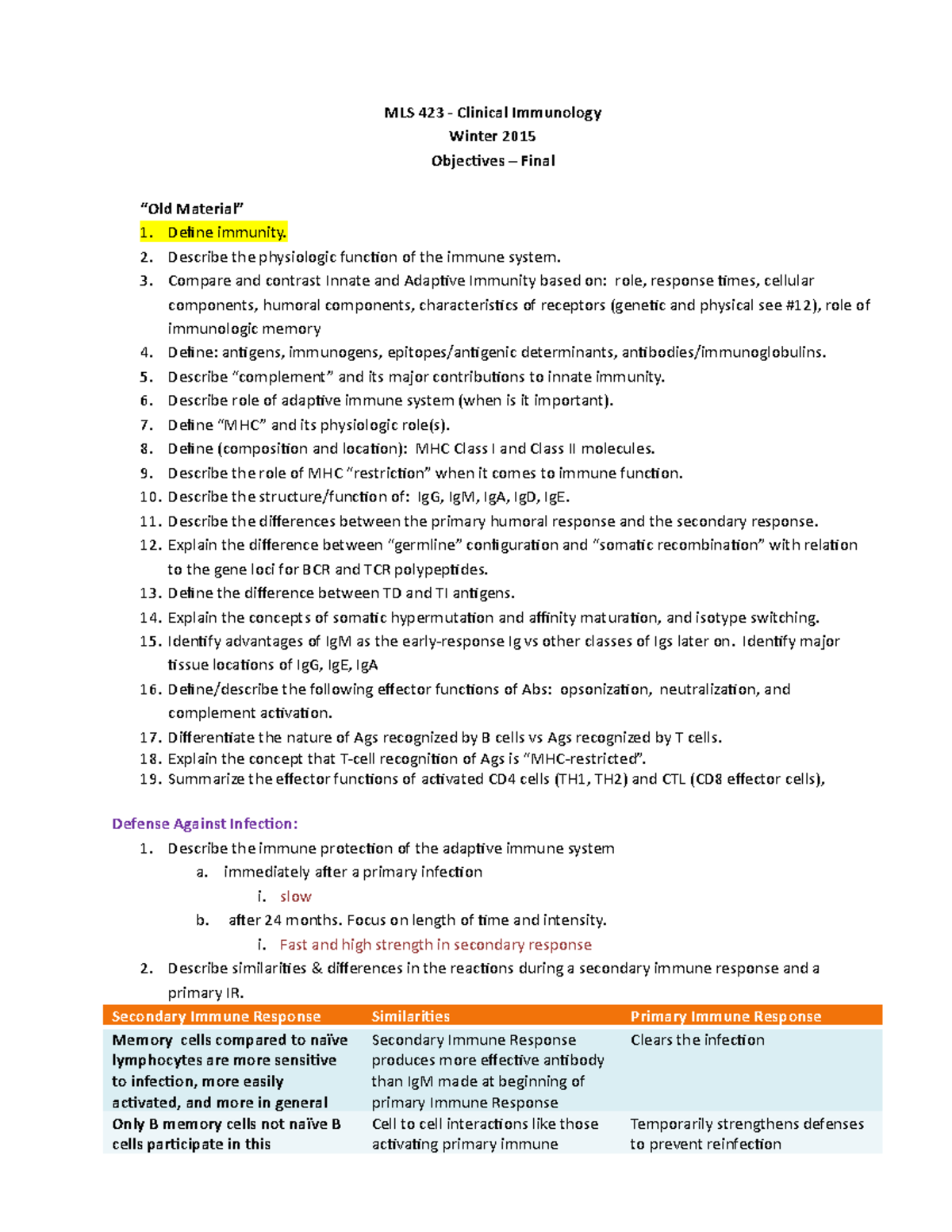 Study Guide Immunology Final - MLS 423 - Clinical Immunology Winter ...