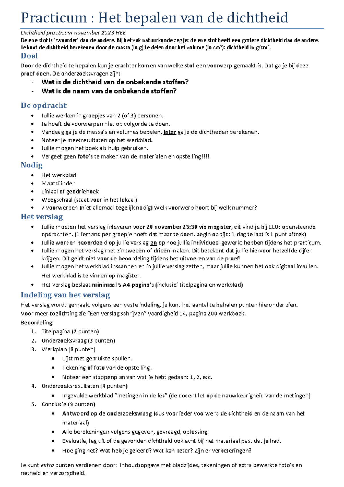 Practicum dichtheid november 2023 - Practicum : Het bepalen van de ...