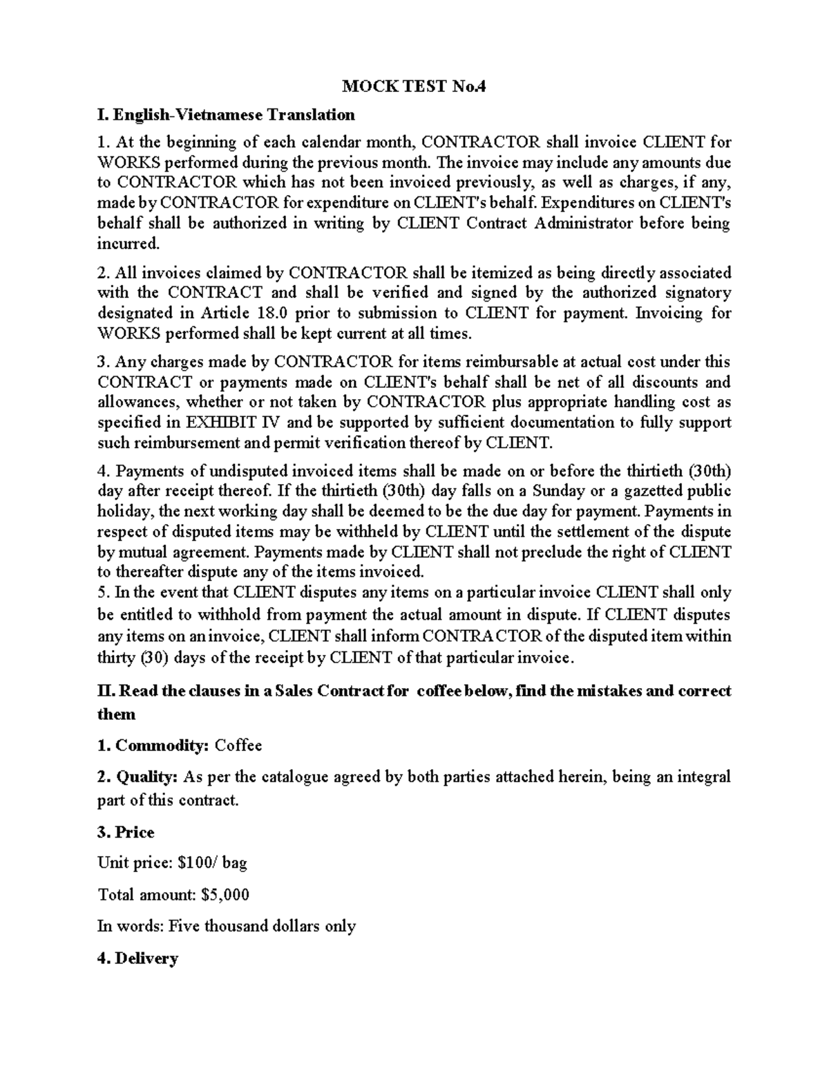 Bài tập Tiếng Anh - MOCK TEST No. I. English-Vietnamese Translation At ...