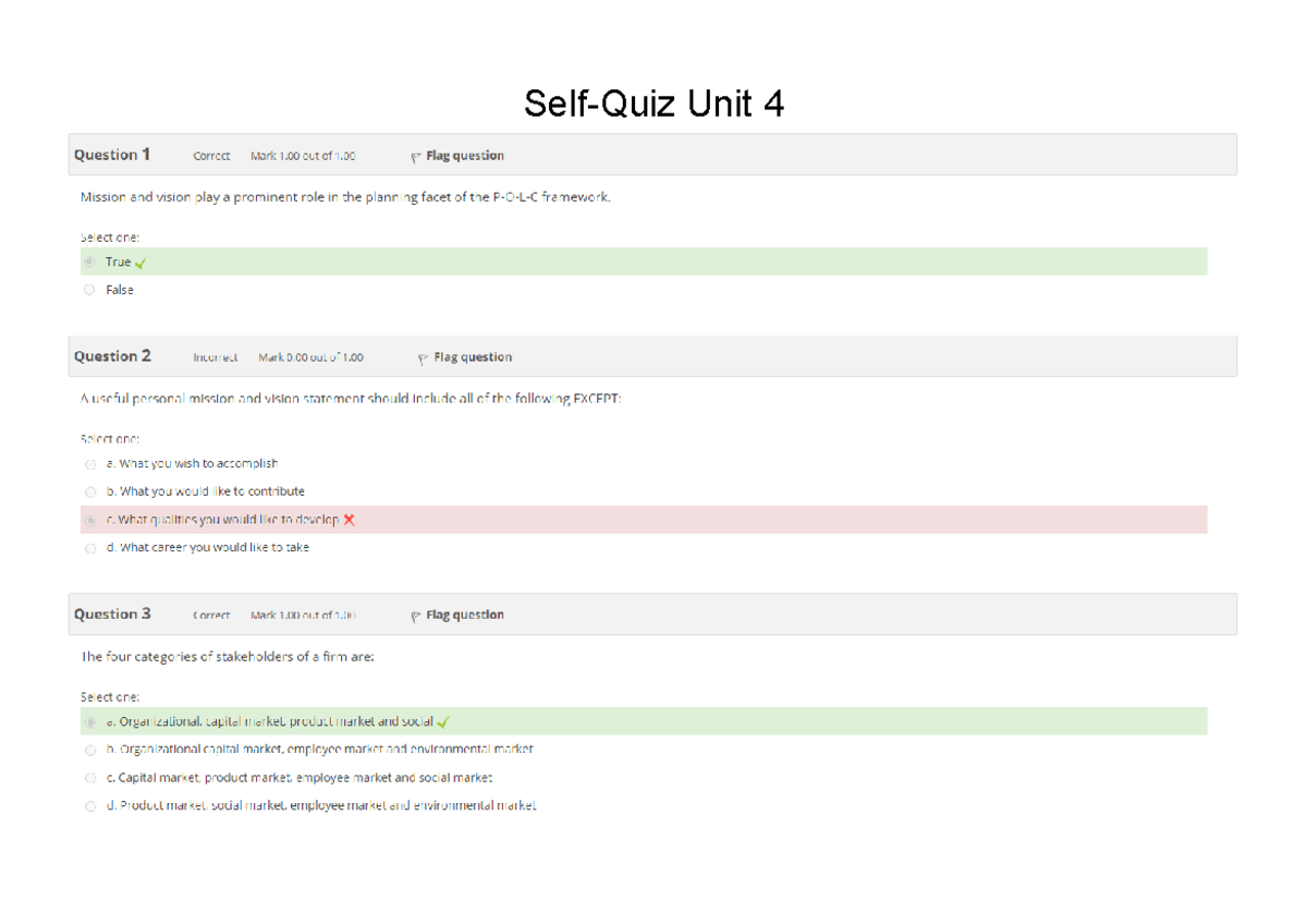 BUS 1101 Self-Quiz Unit 4 Questions and Answers (Stu Docu) - Unit 4 Question 1 Correct Mark 1 ...