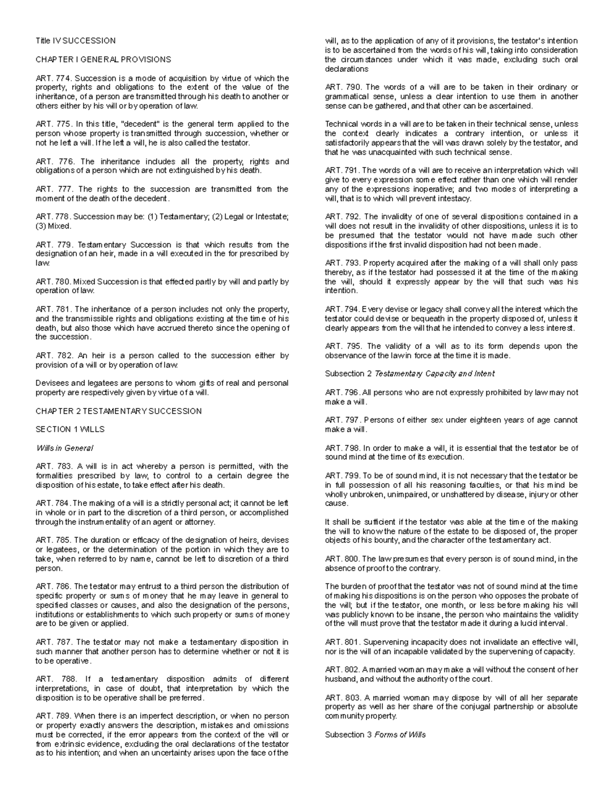 Title IV Succession - Title IV SUCCESSION CHAPTER I GENERAL PROVISIONS ...