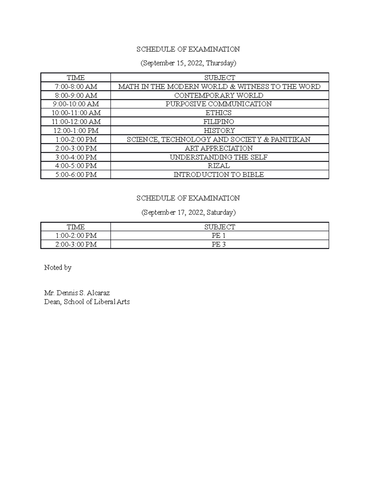 Sched OF Examination with Room Assignment - SCHEDULE OF EXAMINATION ...