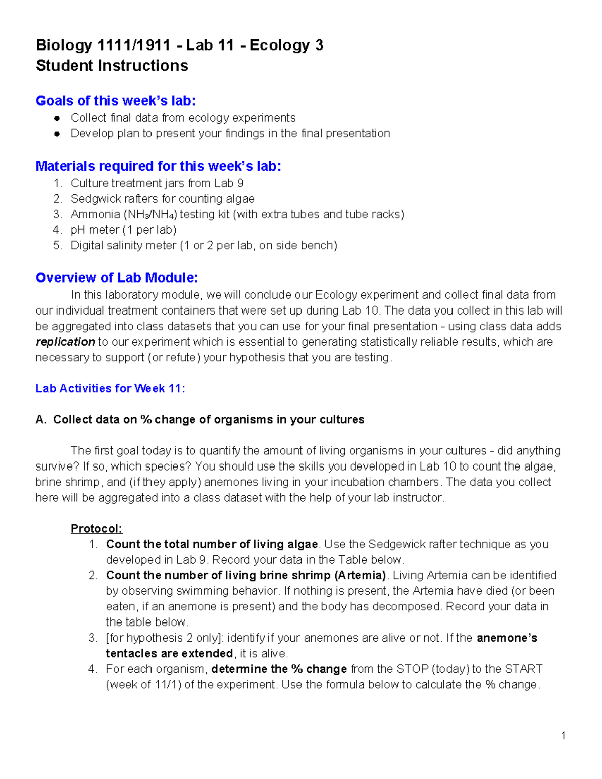 2Lab 11 - Ecology 3 - Student Instructions - Biology 1111/1911 - Lab 11 ...
