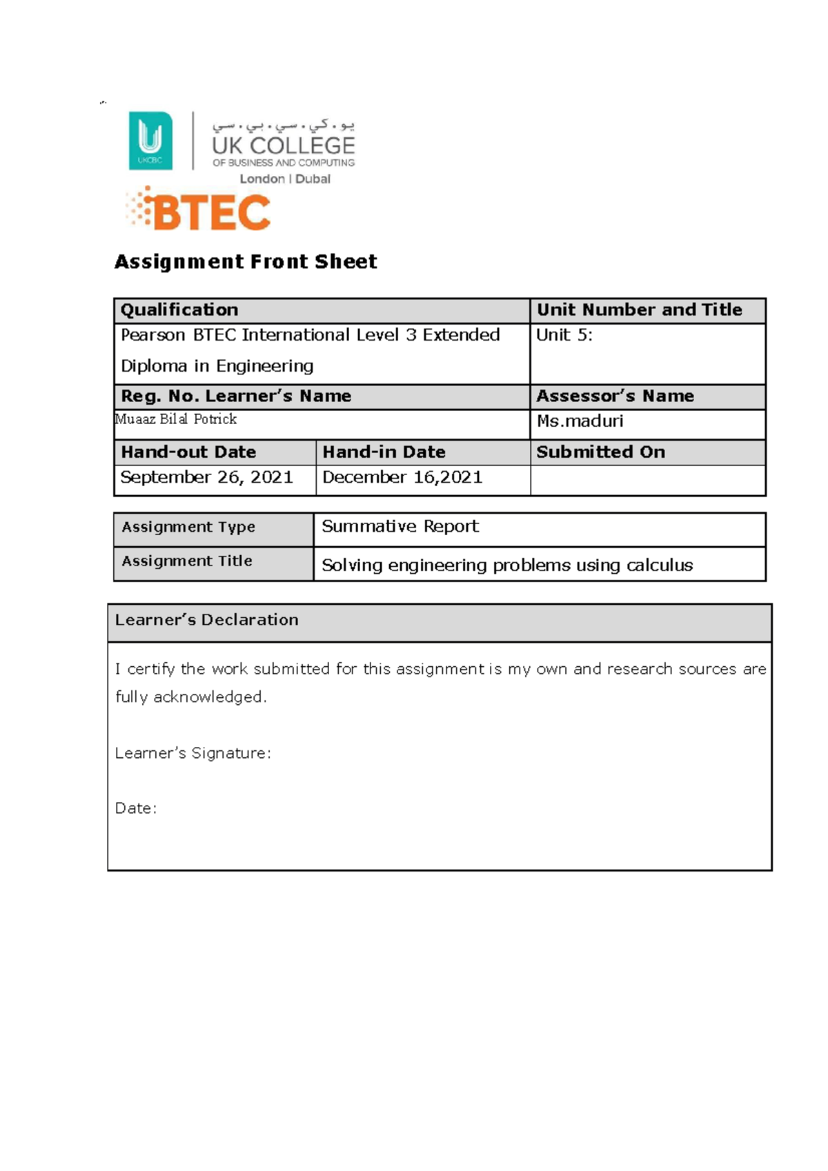UNIT 5- Specialist Engineering Project - gfhb Assignment Front Sheet ...