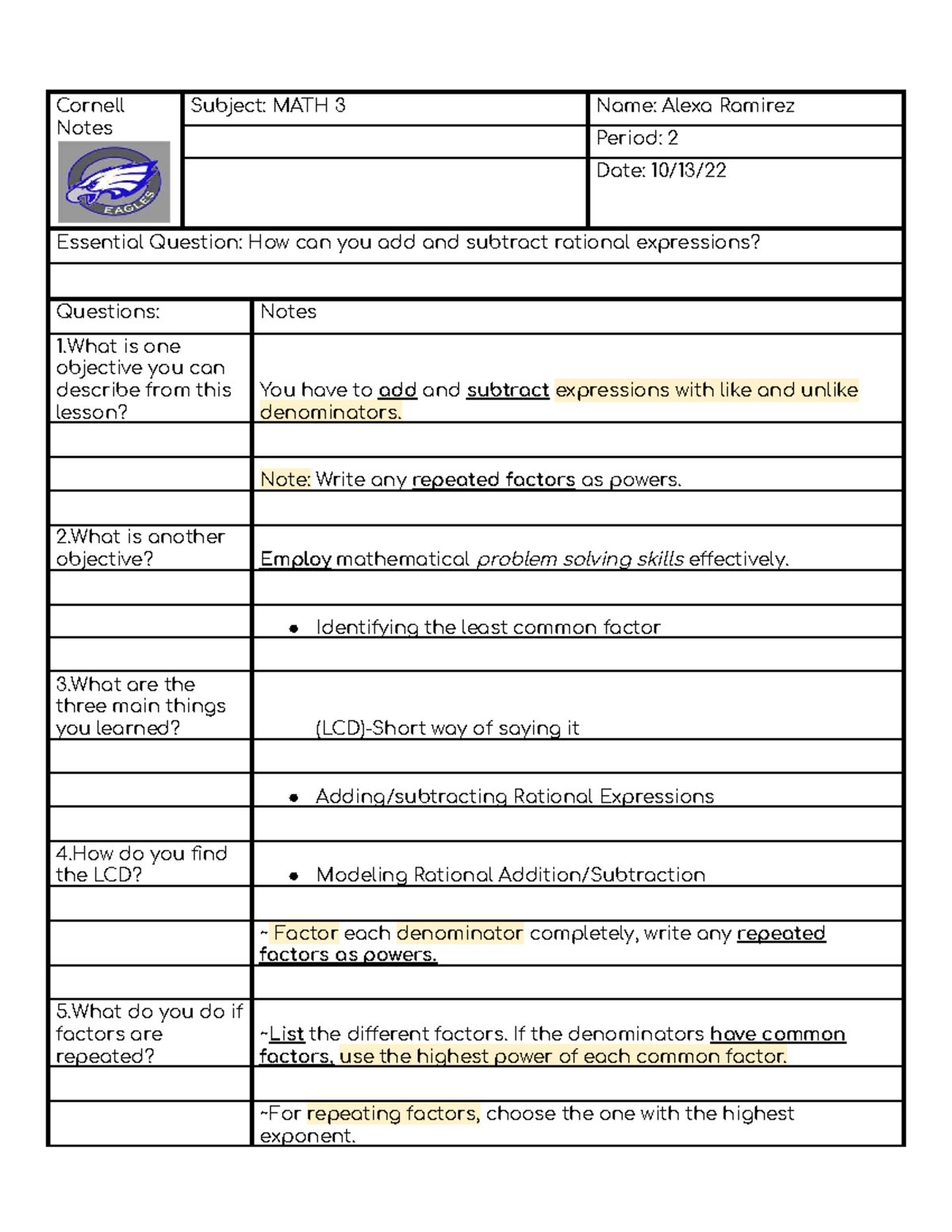 Cornell Notes-2 - Notes - Cornell Notes Subject: MATH 3 Name: Alexa ...