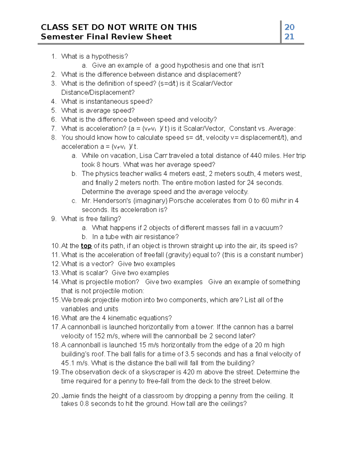 Review for Final fall 2021 2 - CLASS SET DO NOT WRITE ON THIS Semester ...