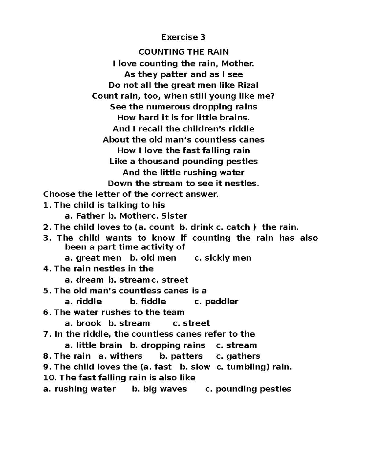Exercises 3 and 4 - Developing Reading Power - Exercise 3 COUNTING THE RAIN I love counting the ...