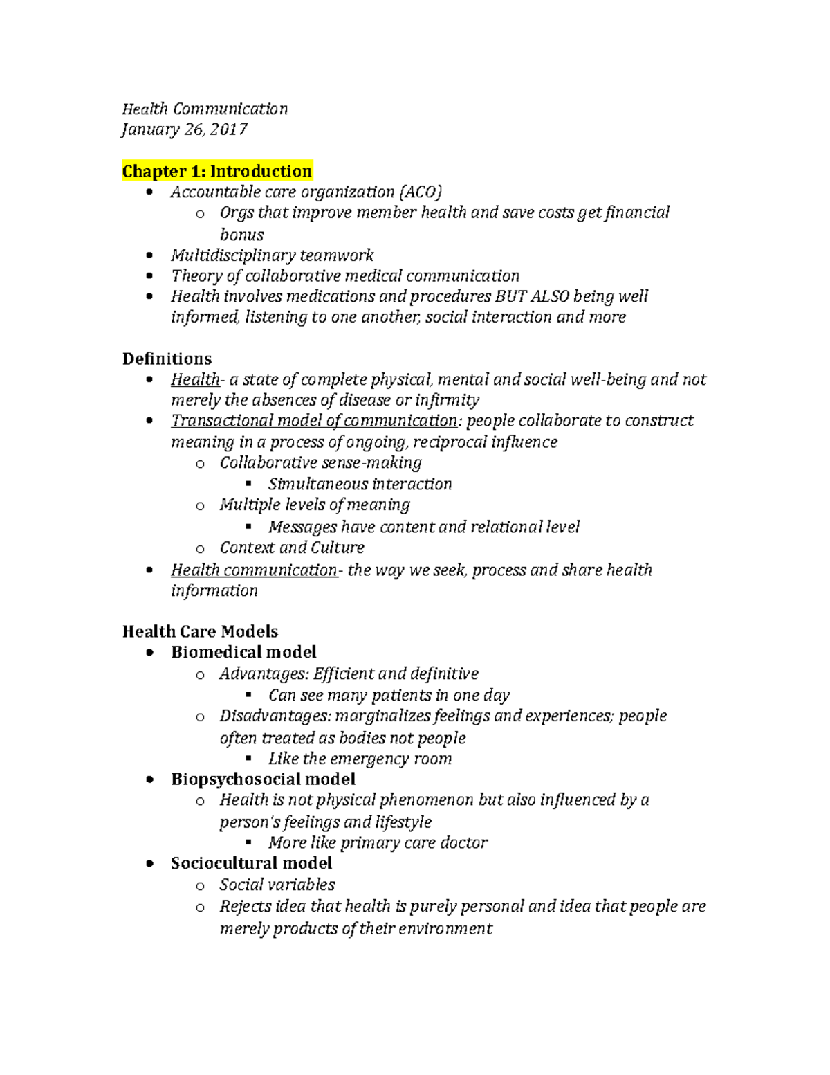Health Communication notes - Health Communication January 26, 2017 ...