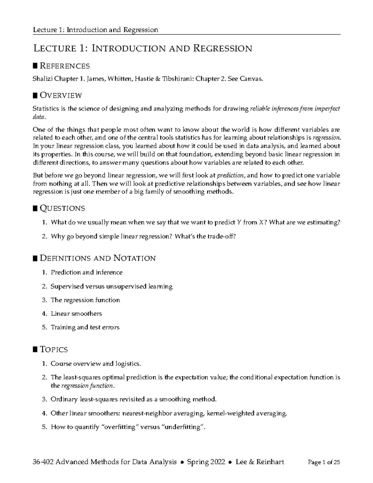 Lecture 1plus - LECTURE 1: INTRODUCTION AND REGRESSION REFERENCES Shalizi Chapter 1. James ...