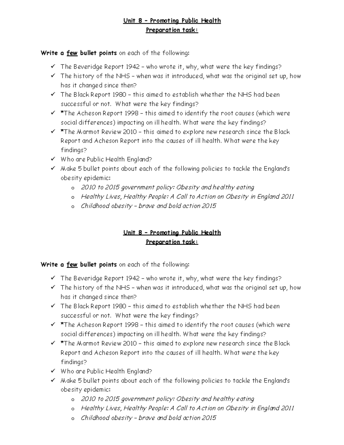 Unit 8 prep task - yyyy - Unit 8 – Promoting Public Health Preparation ...
