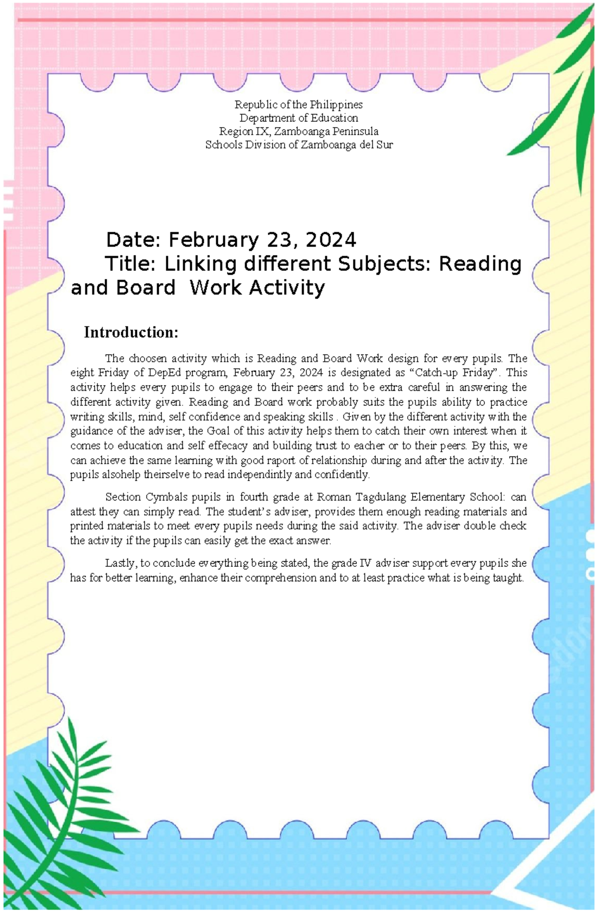 Catch up friday narrative - Republic of the Philippines Department of ...