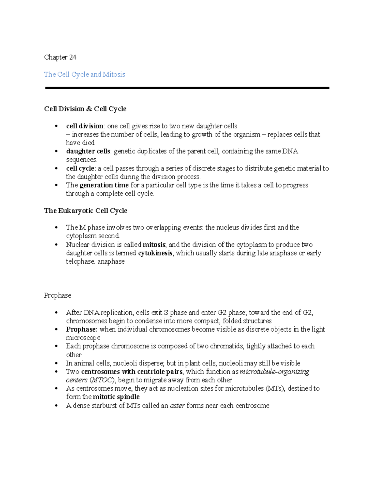 Cell Biolgy Chapter 24 - Lecture notes 20 - Chapter 24 The Cell Cycle ...