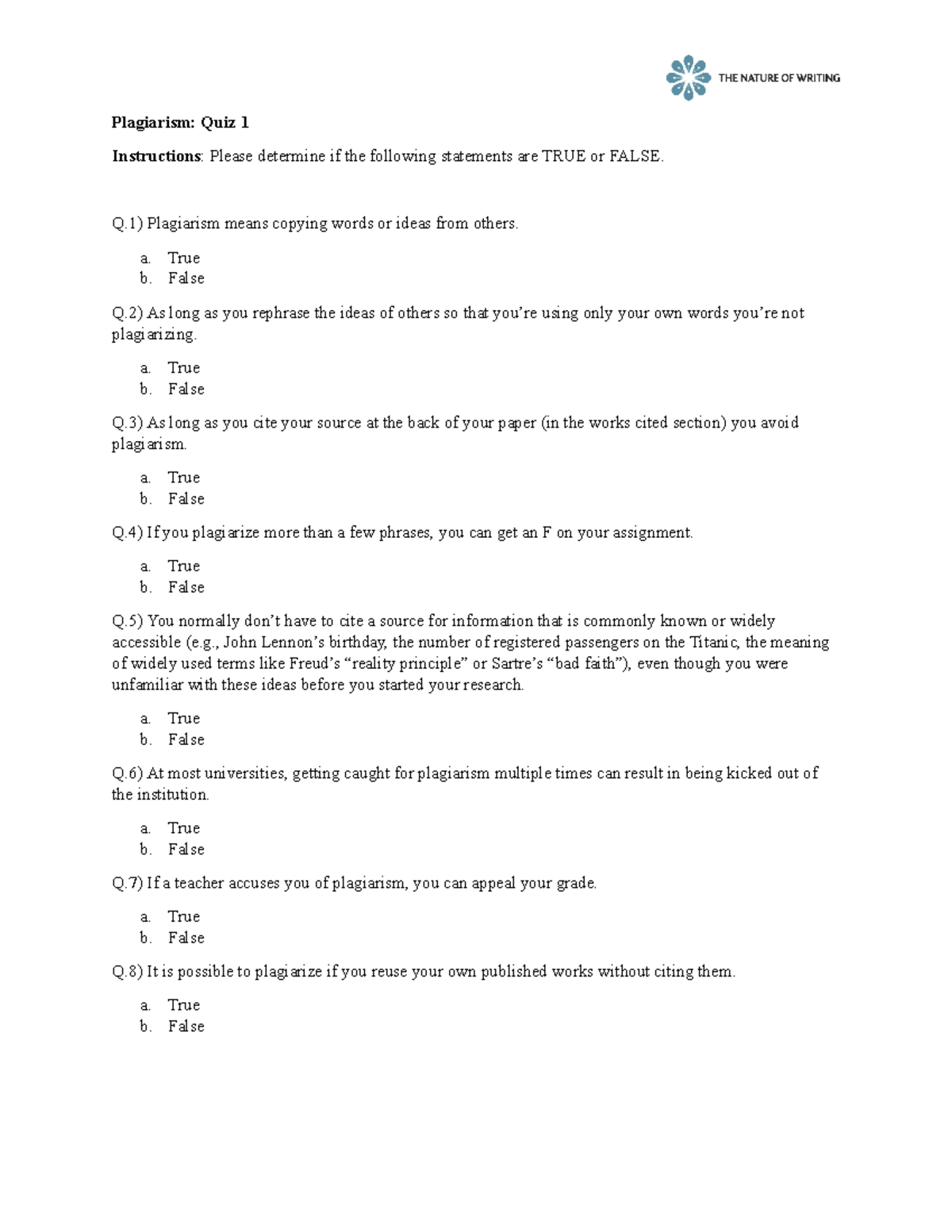 Plagiarism-Quiz-1 - ASSIGNMENT - Plagiarism: Quiz 1 Instructions ...