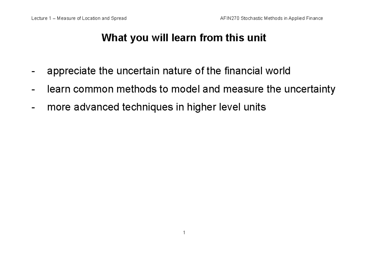 Lecture 1 - Measures of Location and Spread - What you will learn from ...