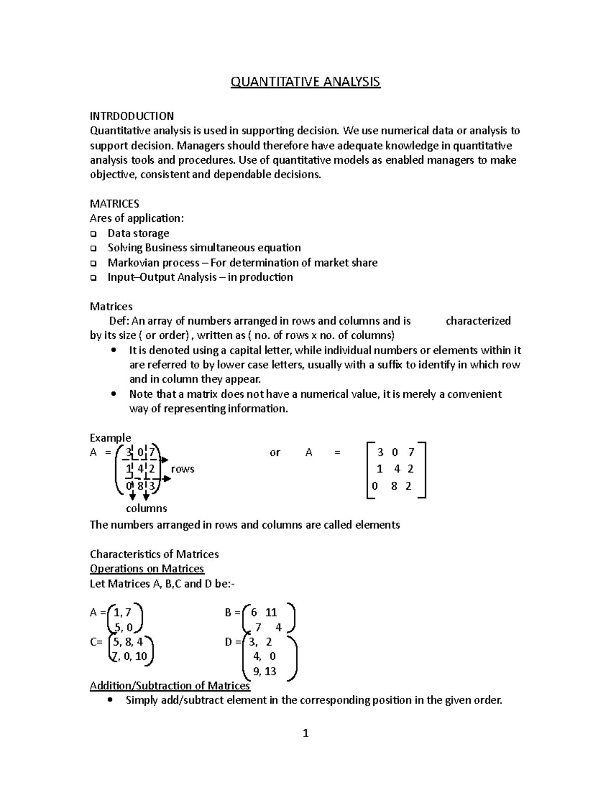 Dms 111 notes - QUANTITATIVE ANALYSIS INTRDODUCTION Quantitative ...