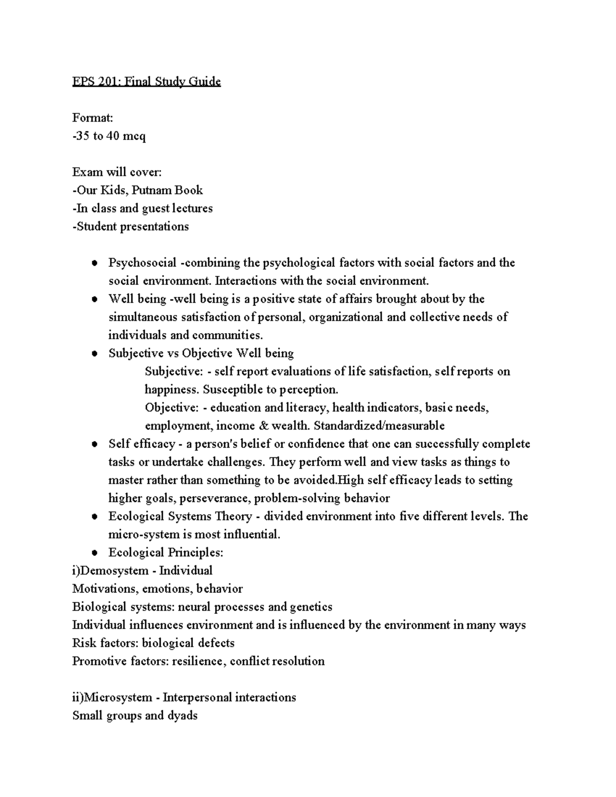 EPS 201 Final Study Guide - EPS 201: Final Study Guide Format: -35 to 40 mcq Exam will cover ...