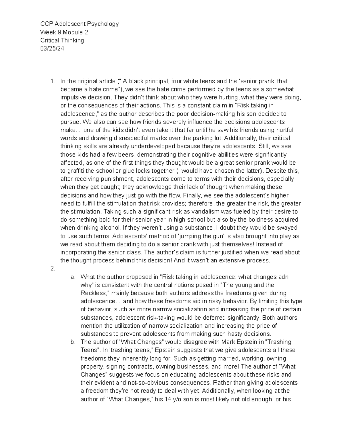Week 9 Module 2 Critical Thinking - CCP Adolescent Psychology Week 9 ...