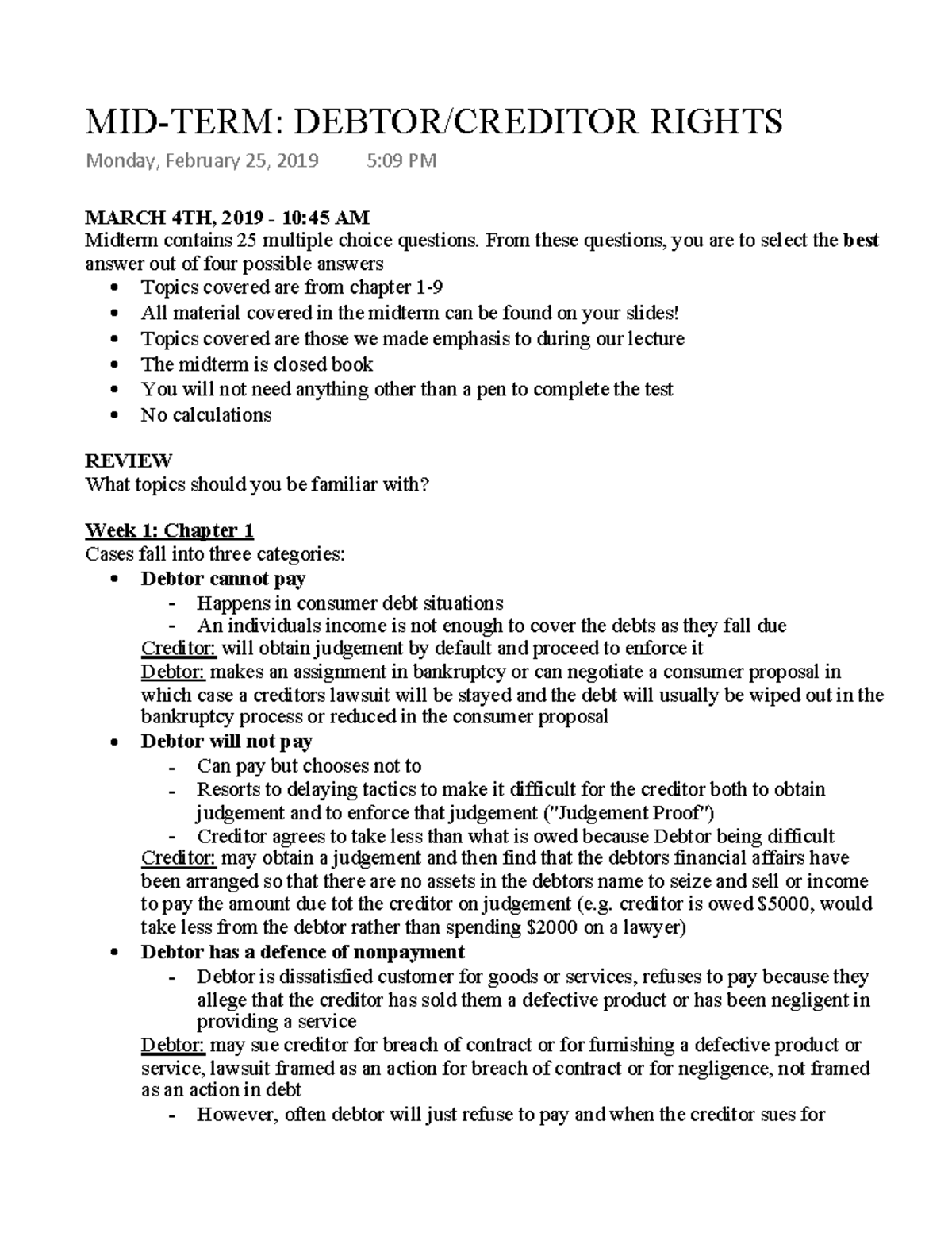 Debtor/Creditor MID-TERM Notes - MID-TERM: DEBTOR/CREDITOR RIGHTS ...