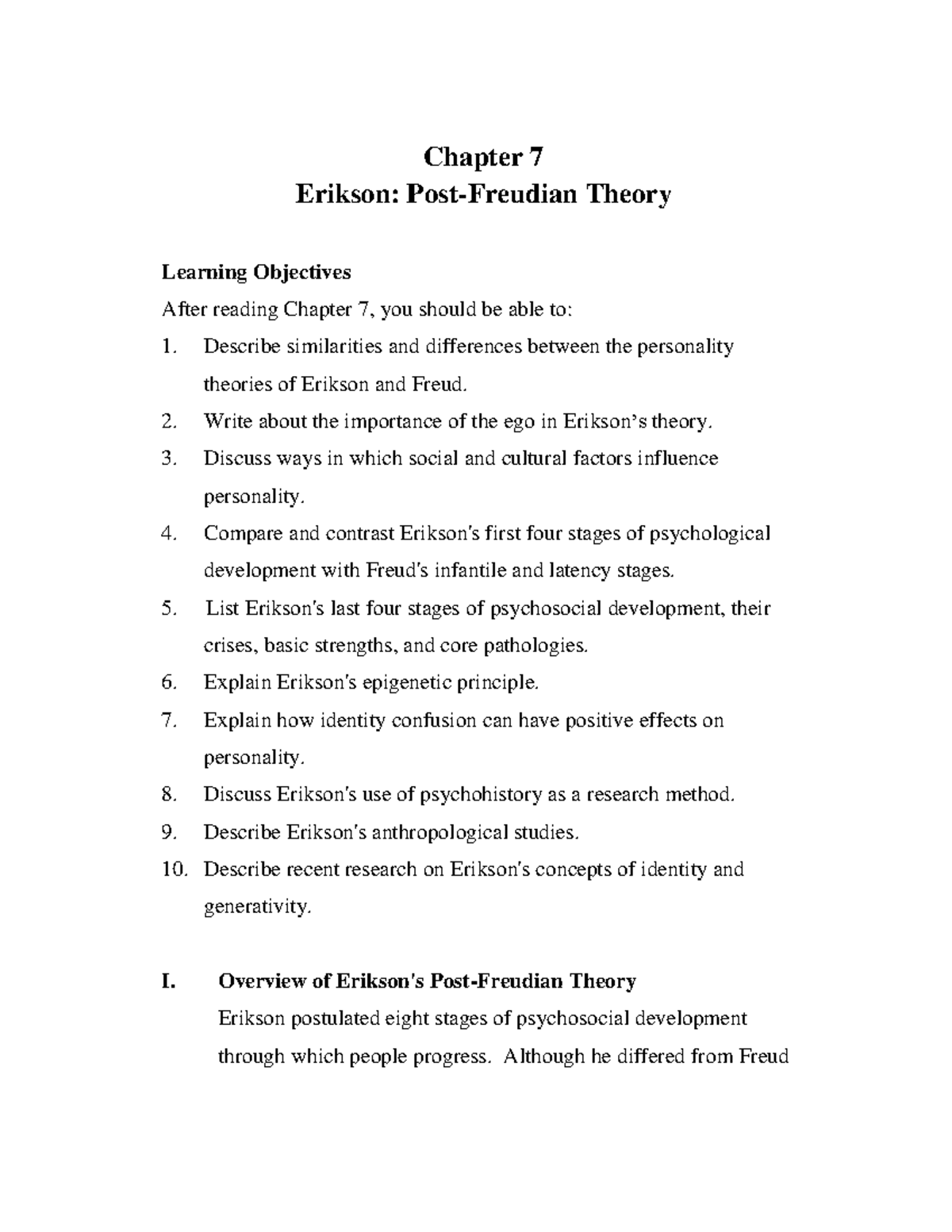 Chapter 7 - Erikson Post-Freudian Theory - Chapter 7 Erikson: Post-Freudian Theory Learning ...