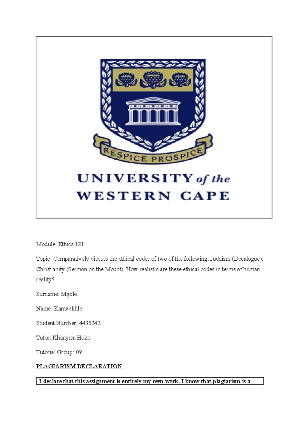 Mgole Kamvelihle ETH 121 P2 Assignment - Module: Ethics 121 Topic ...