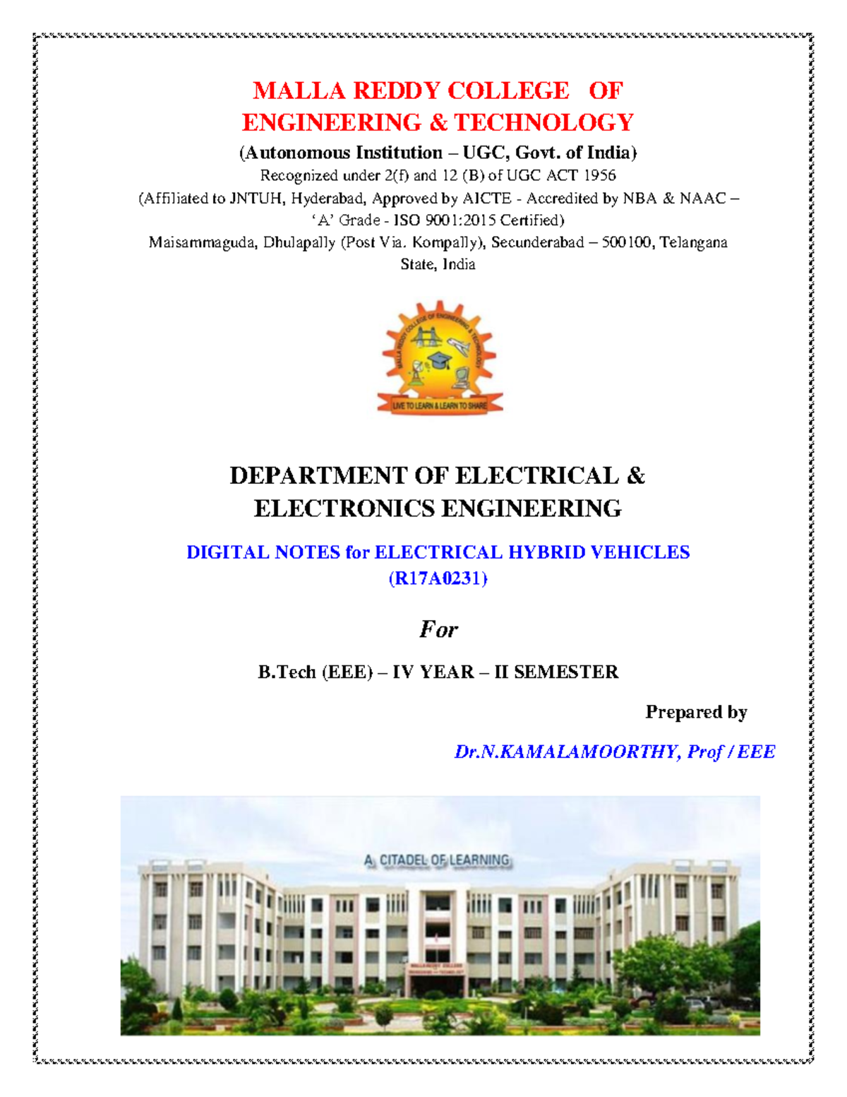 E&HV Digital Notes - ELECTRIC HYBRID VEHICLES - MALLA REDDY COLLEGE OF ...