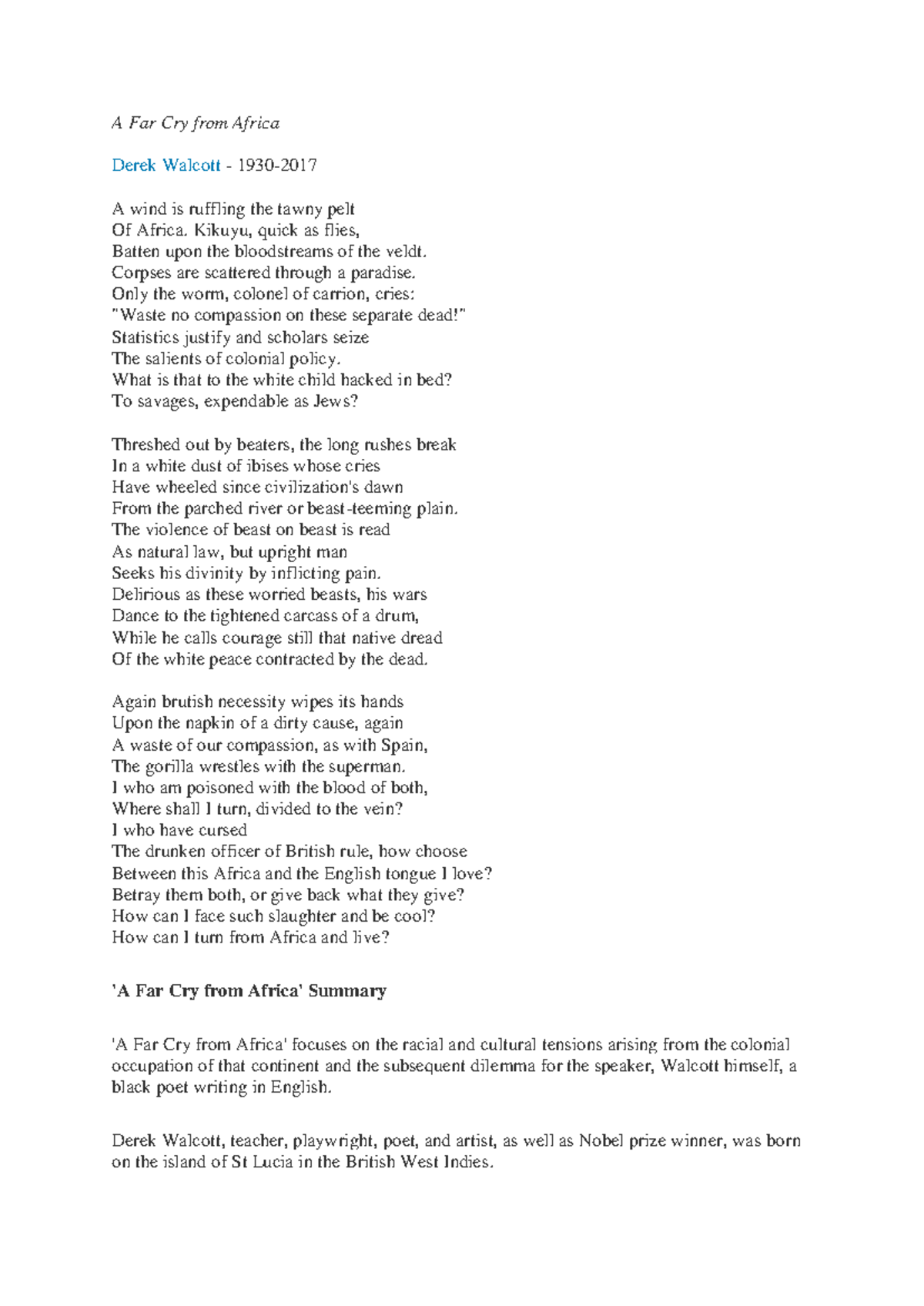 Study materials on A Far Cry From Africa - A Far Cry from Africa Derek ...