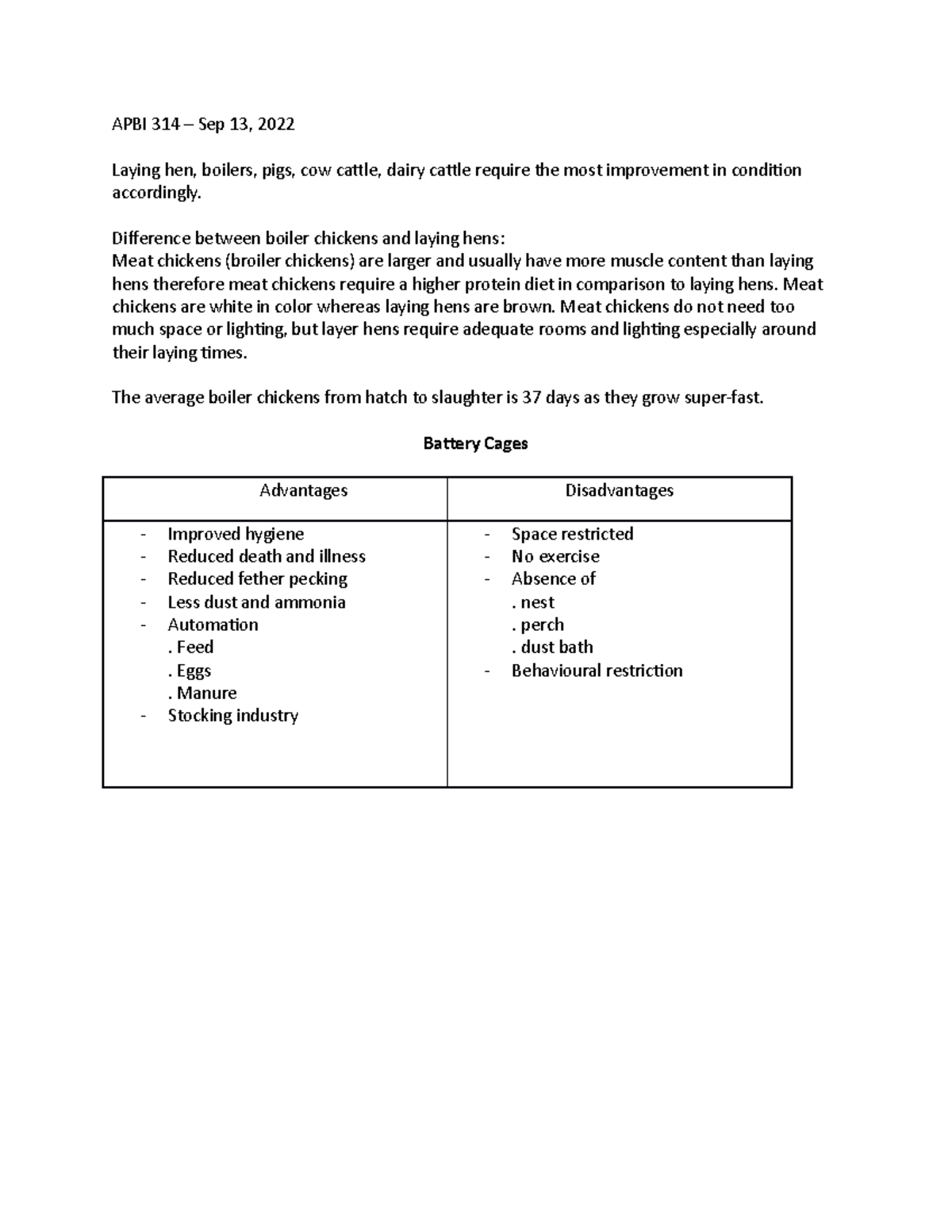 Applied Animal Biology 314 - APBI 314 – Sep 13, 2022 Laying hen ...