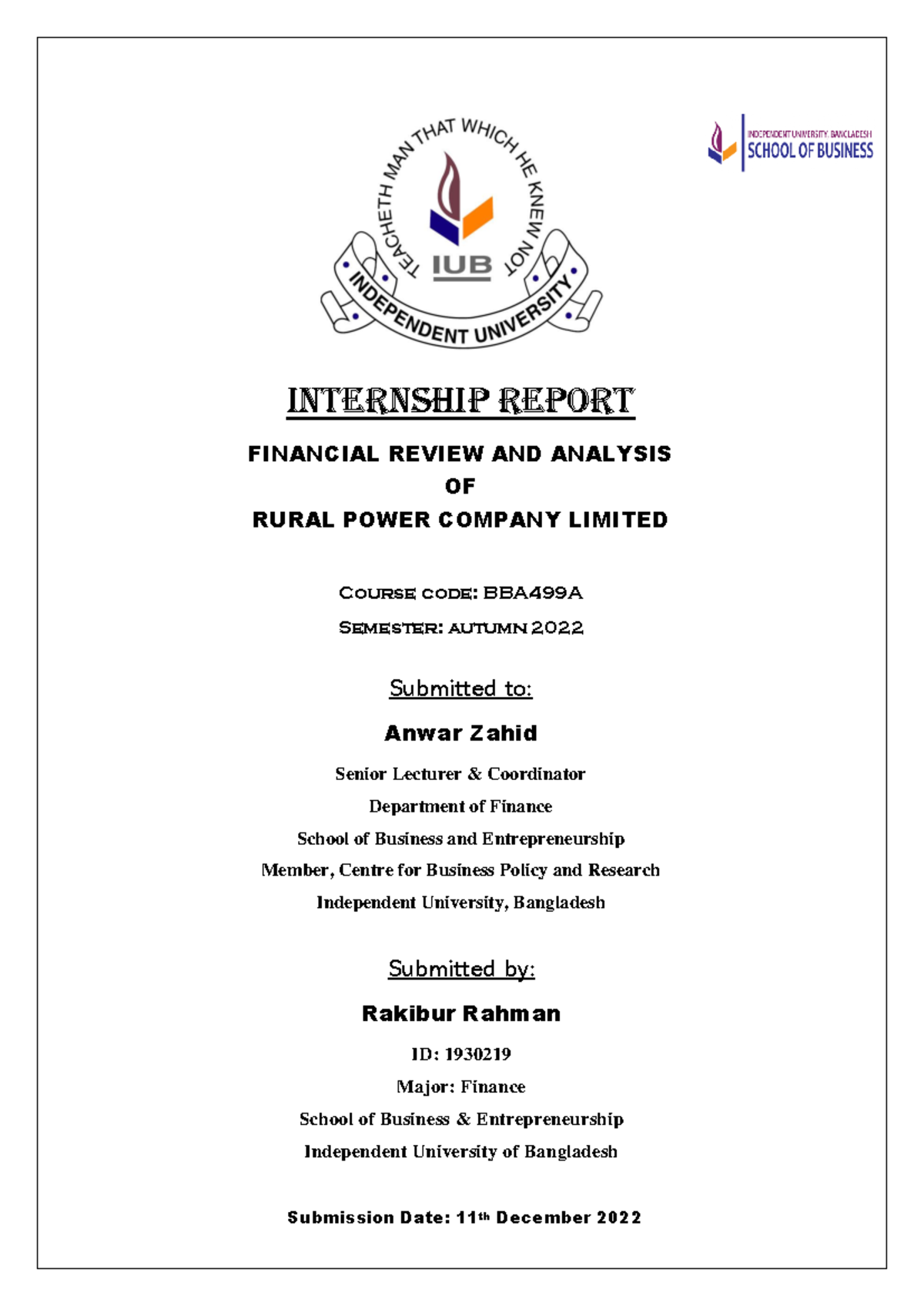 financial performance analysis - Internship Report FINANCIAL REVIEW AND ANALYSIS OF RURAL POWER ...