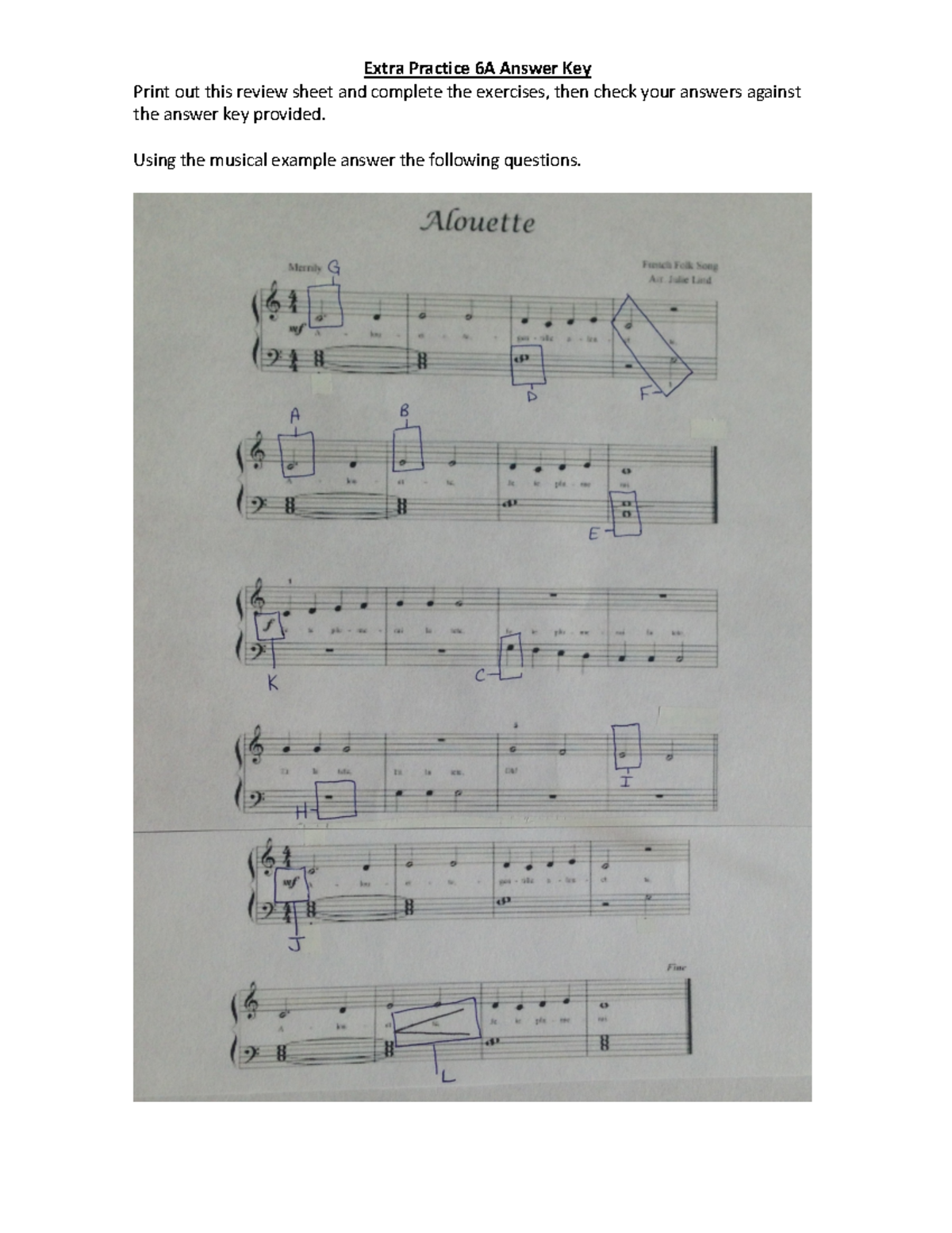 Practice Sheet For Music 101 - **Extra Practice 6A Answer Key ** Print ...