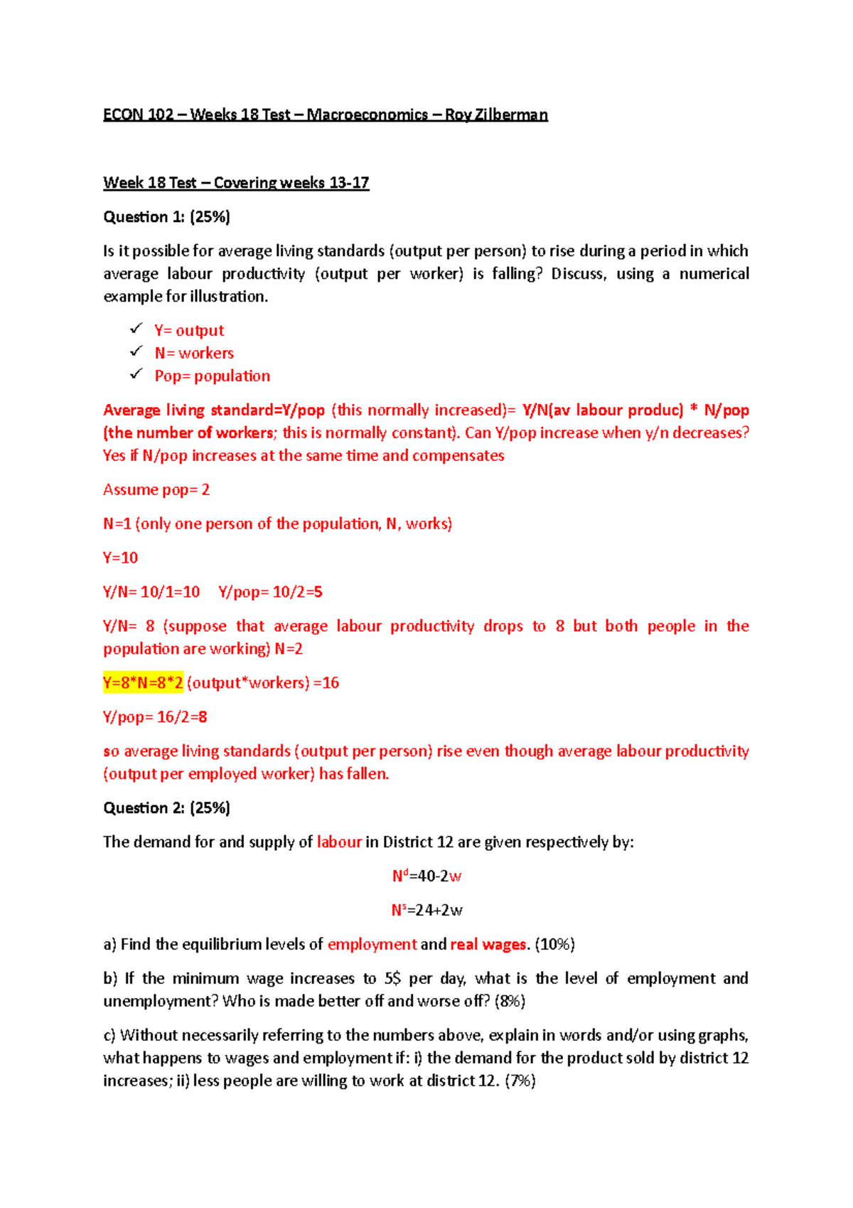 Exam 5 May 2015, questions and answers - ECON 102 – Weeks 18 Test ...