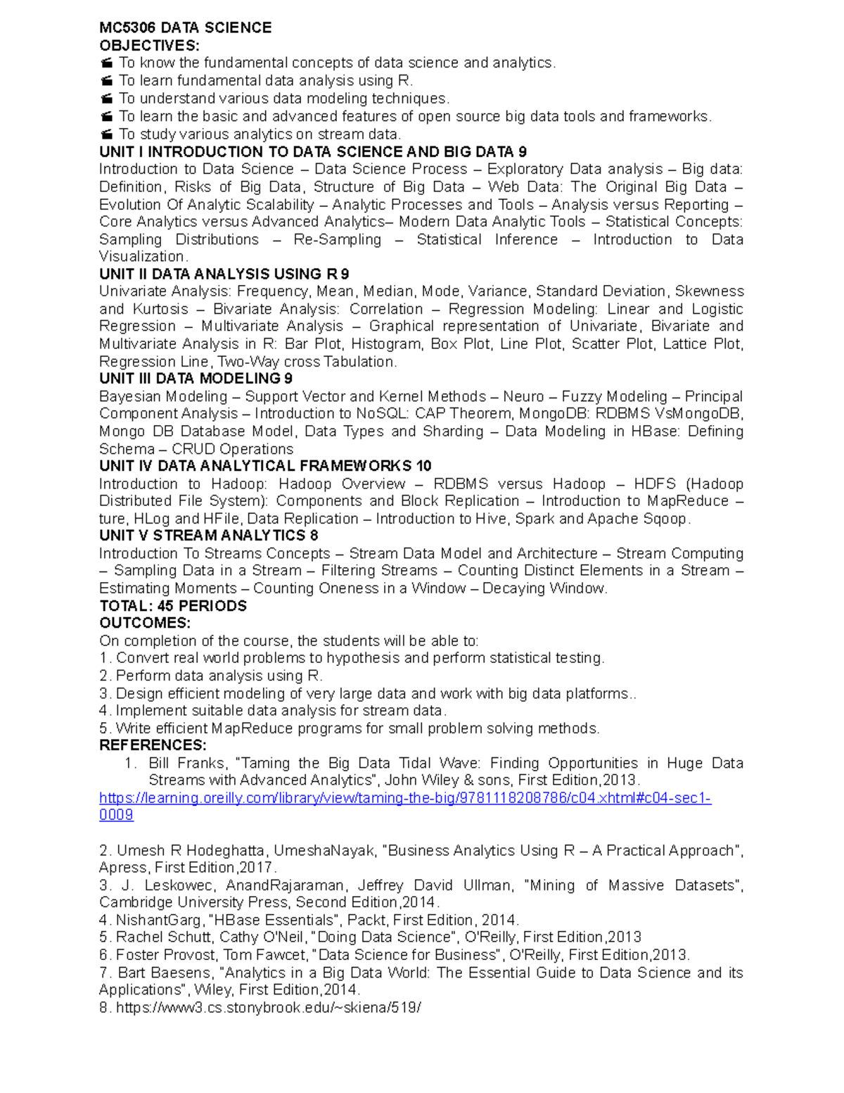 MC5306 DATA Science Syllabus - MC5306 DATA SCIENCE OBJECTIVES: To know ...