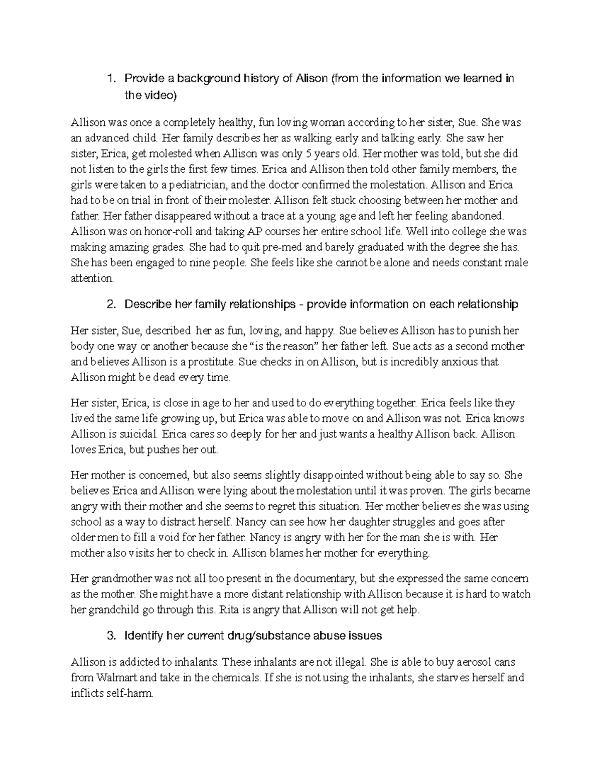 Intervention Allison - Provide a background history of Alison (from the ...