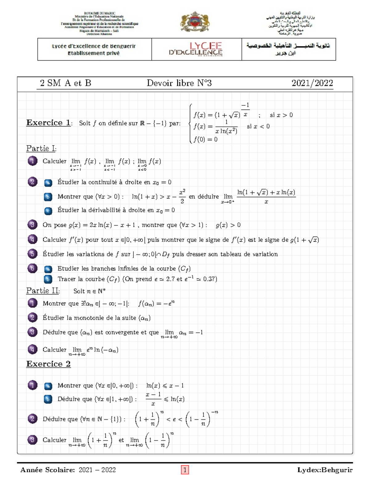 604966189 Devoir Libre 3 - 2 SM A et B Devoir libre N°3 2021/ Exercice 1: Soit f on définie sur ...
