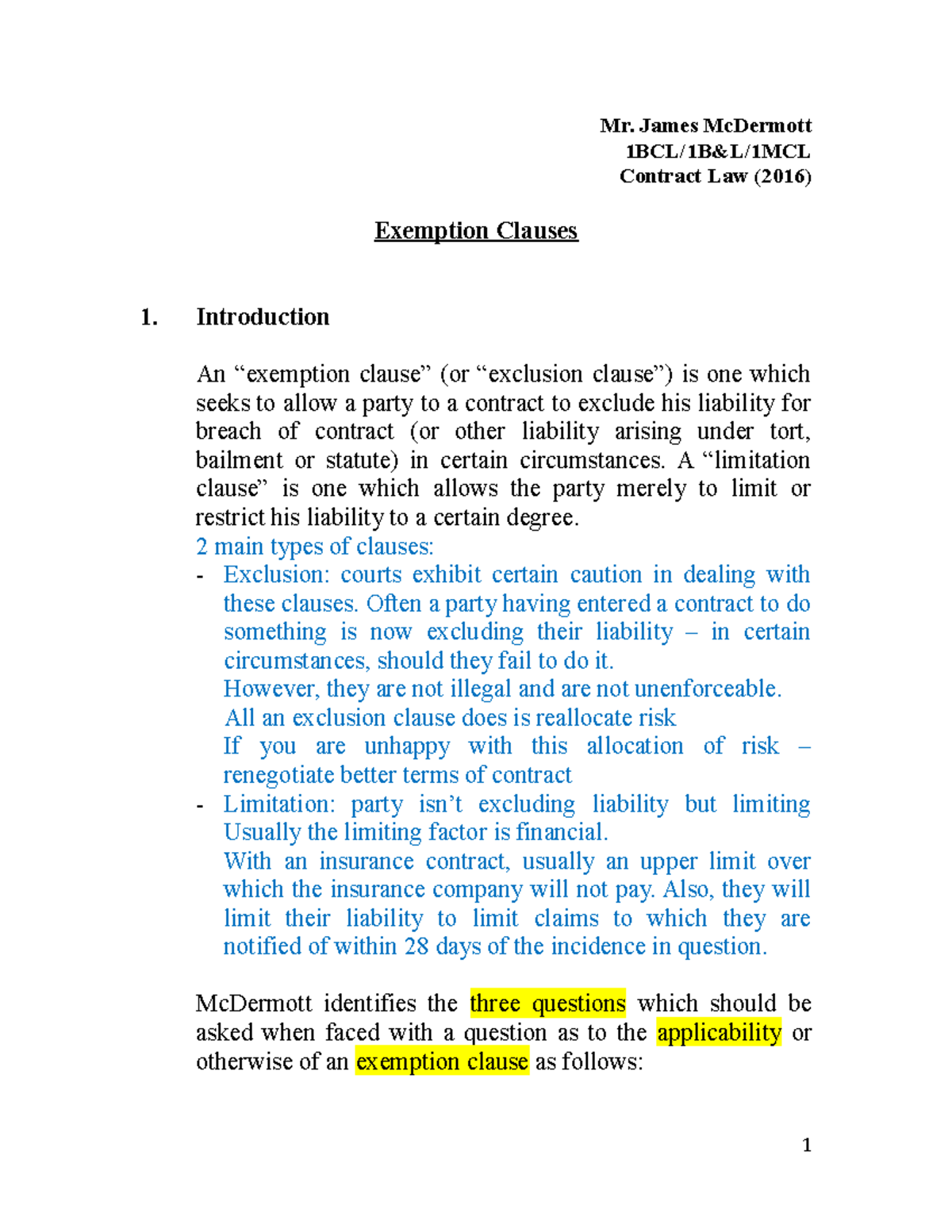 Topic 9 Exclusion Clauses - Mr. James McDermott 1BCL/1B&L/1MCL Contract ...