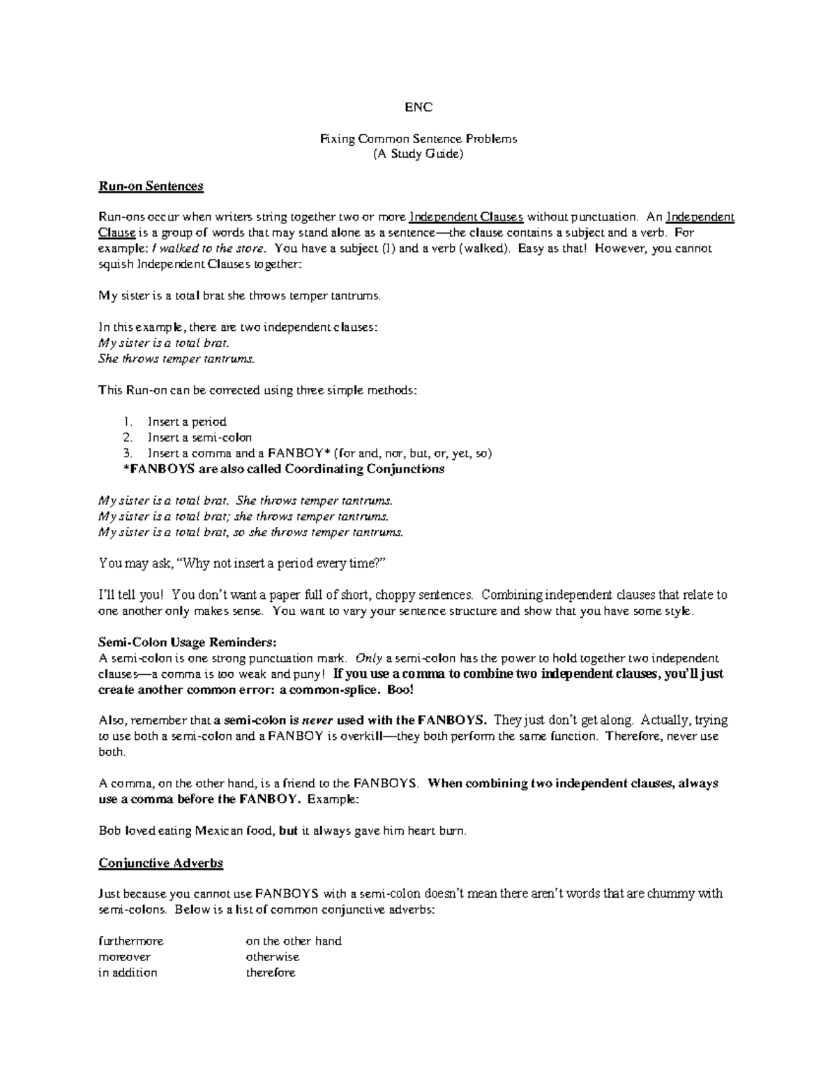 Common Sentence Problems Study Guide - ENC Fixing Common Sentence ...