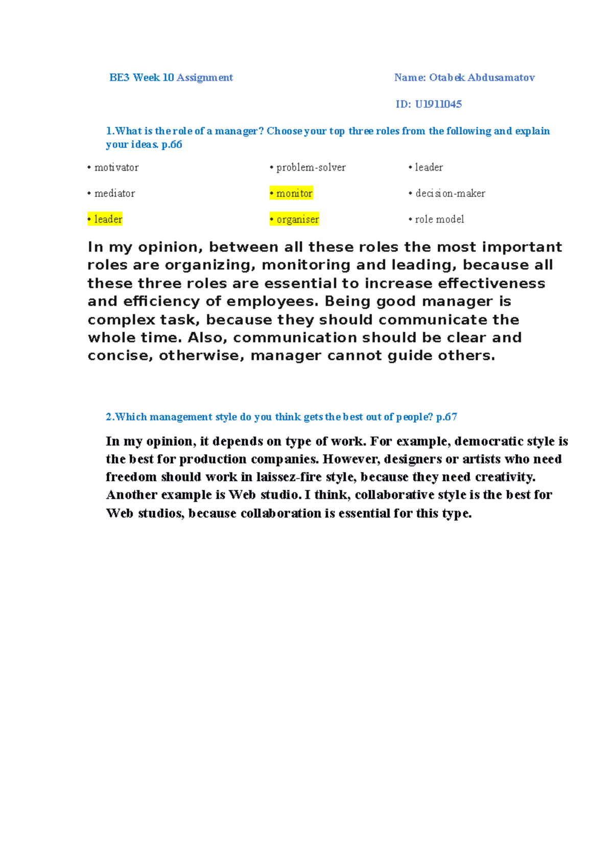 Week 10 Assignment BE3-1 - BE3 Week 10 Assignment Name: Otabek ...