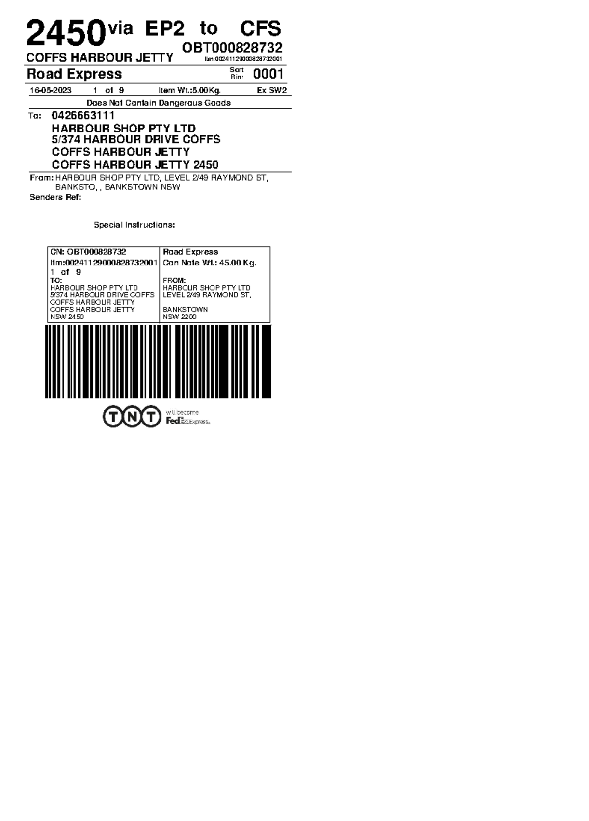 Routing Label-OBT000828732 - Special Instructions: 1 2450 COFFS HARBOUR ...