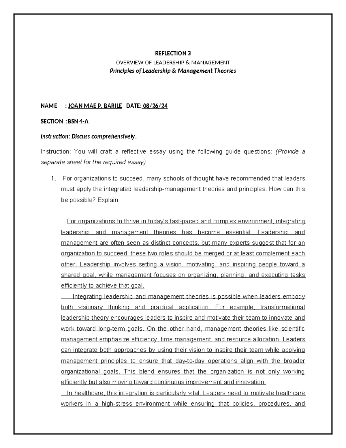 Reflection 3 Principles of L M - REFLECTION 3 OVERVIEW OF LEADERSHIP ...