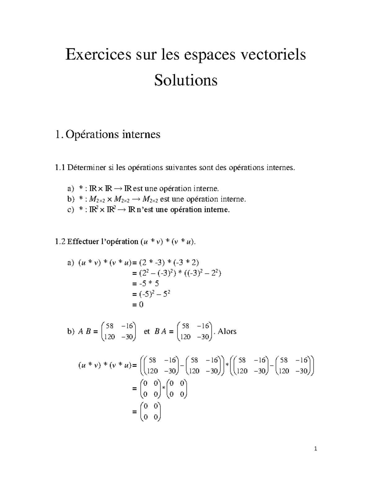 Espaces vectoriels exercices solutions - Exercices sur les espaces ...